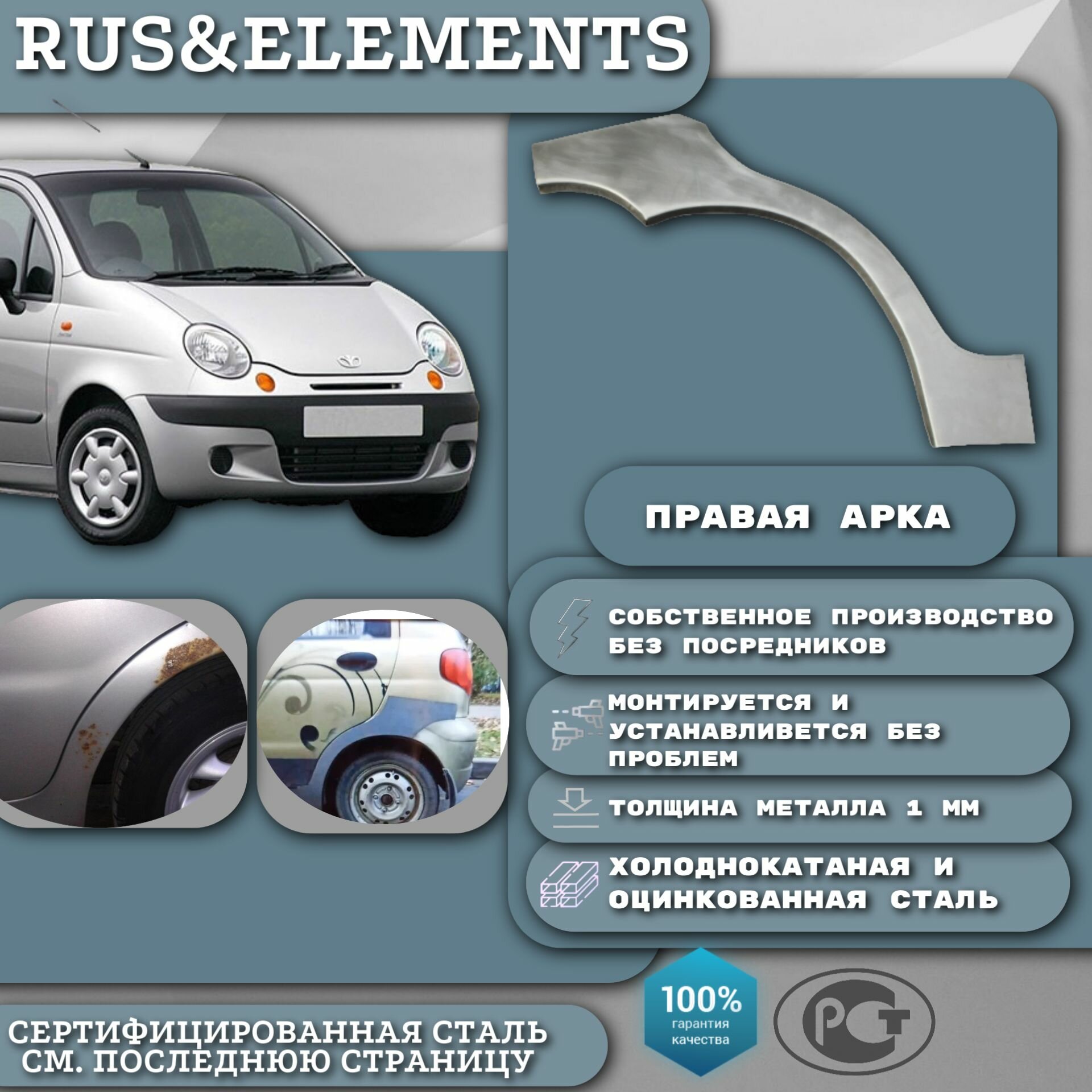 Правая ремонтная арка для автомобиля Daewoo Matiz (Дэу Матиз) 1998-2015 г. в. Оцинкованная сталь 1 мм