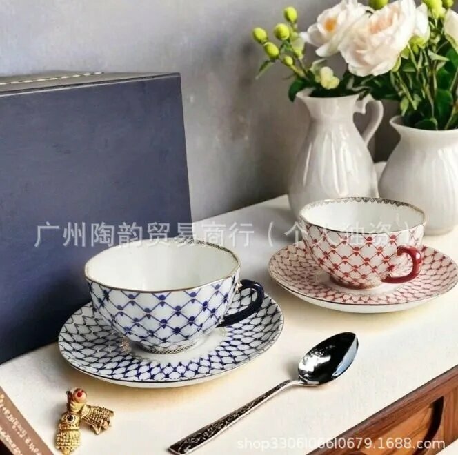 Чайная, кофейная пара "Набор из кобальтового синего сетка, чашки и тарелки 2 комплекта" 250 мл на 2 перс.