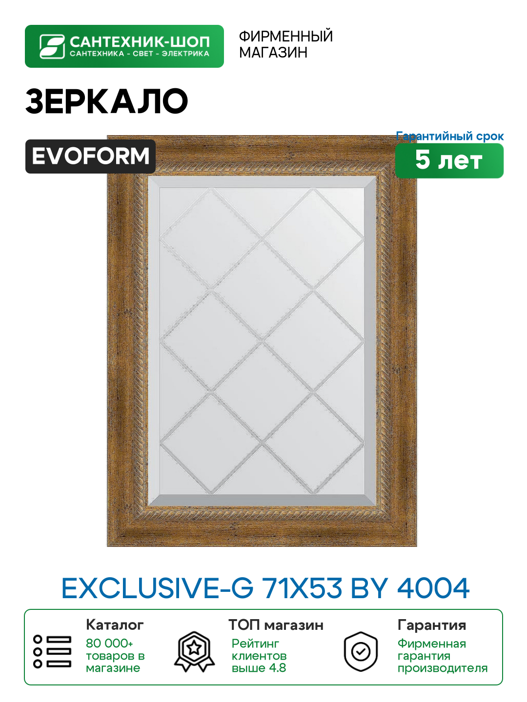 Зеркало Evoform Exclusive-G 71х53 BY 4004 с гравировкой в багетной раме - Состаренная бронза с плетением 70 мм стекло