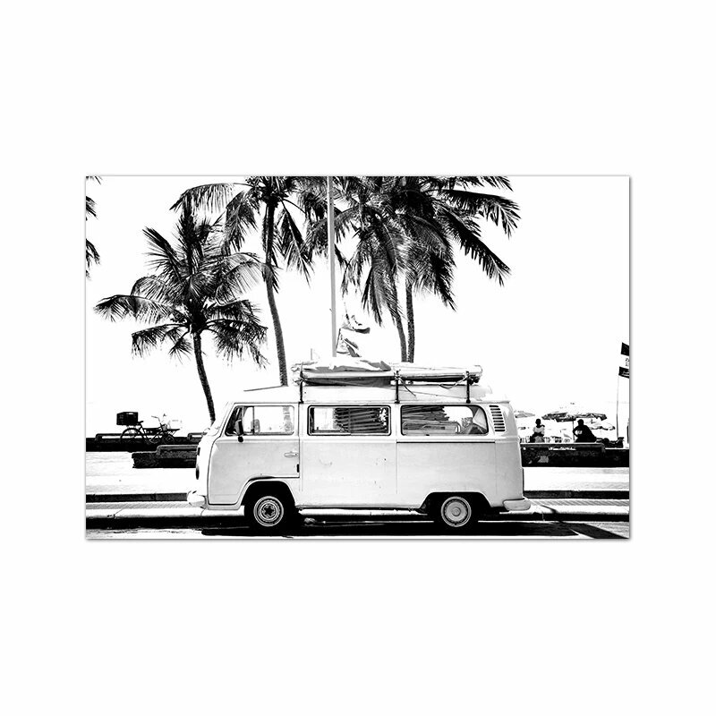 Холст "Черно-белый VW Bus, пальмы", 40x50 см, Белый, 6Z39