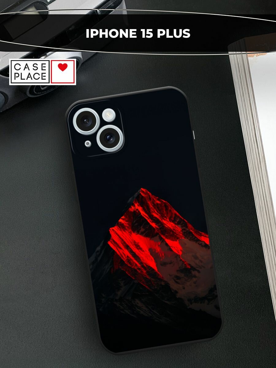 Черный матовый чехол на Apple iPhone 15 Plus / Айфон 15 Плюс с принтом Красная гора