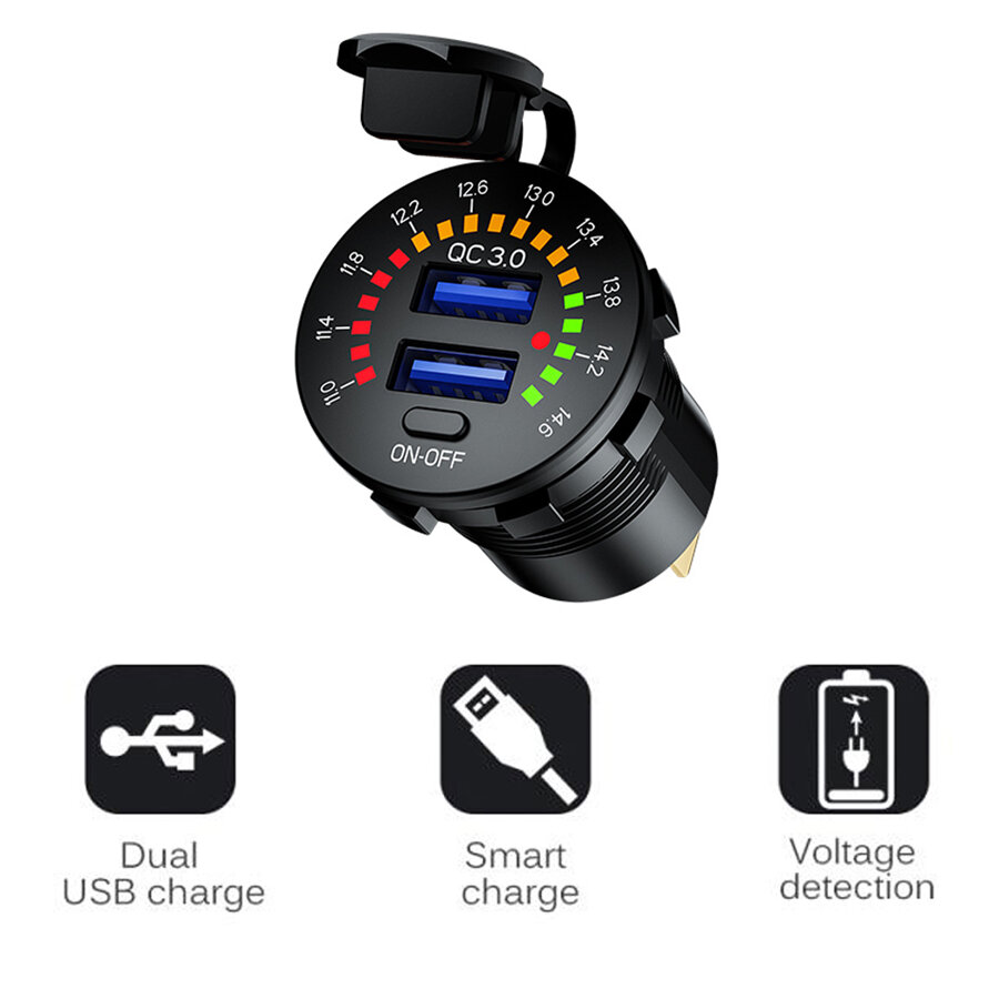 Автомобильное зарядное устройство с двумя USB-портами QC 3.0 для быстрой зарядки с LED-вольтметром и выключателем
