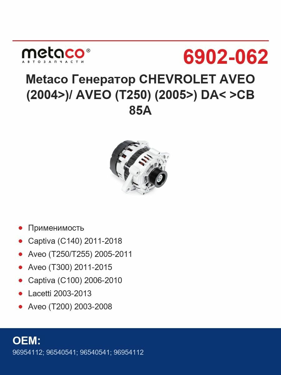Metaco Генератор CHEVROLET AVEO (2004>)/ AVEO (T250) (2005>) DA< >CB 85A