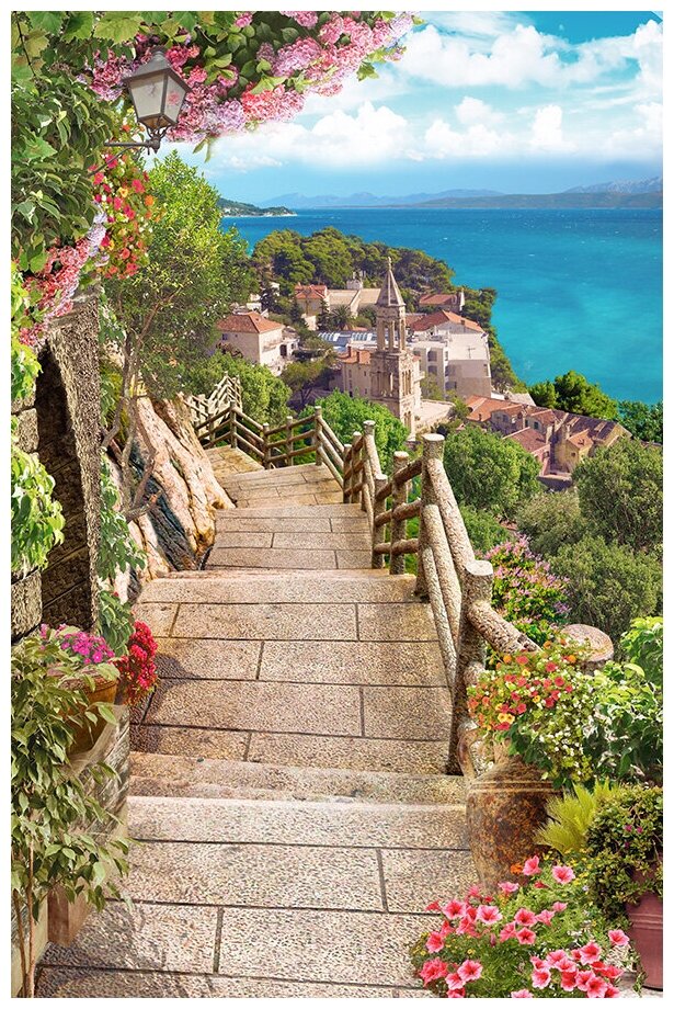 Фотообои Уютная стена "Цветочная лестница к морю" 180х270 см Виниловые Бесшовные (единым полотном)