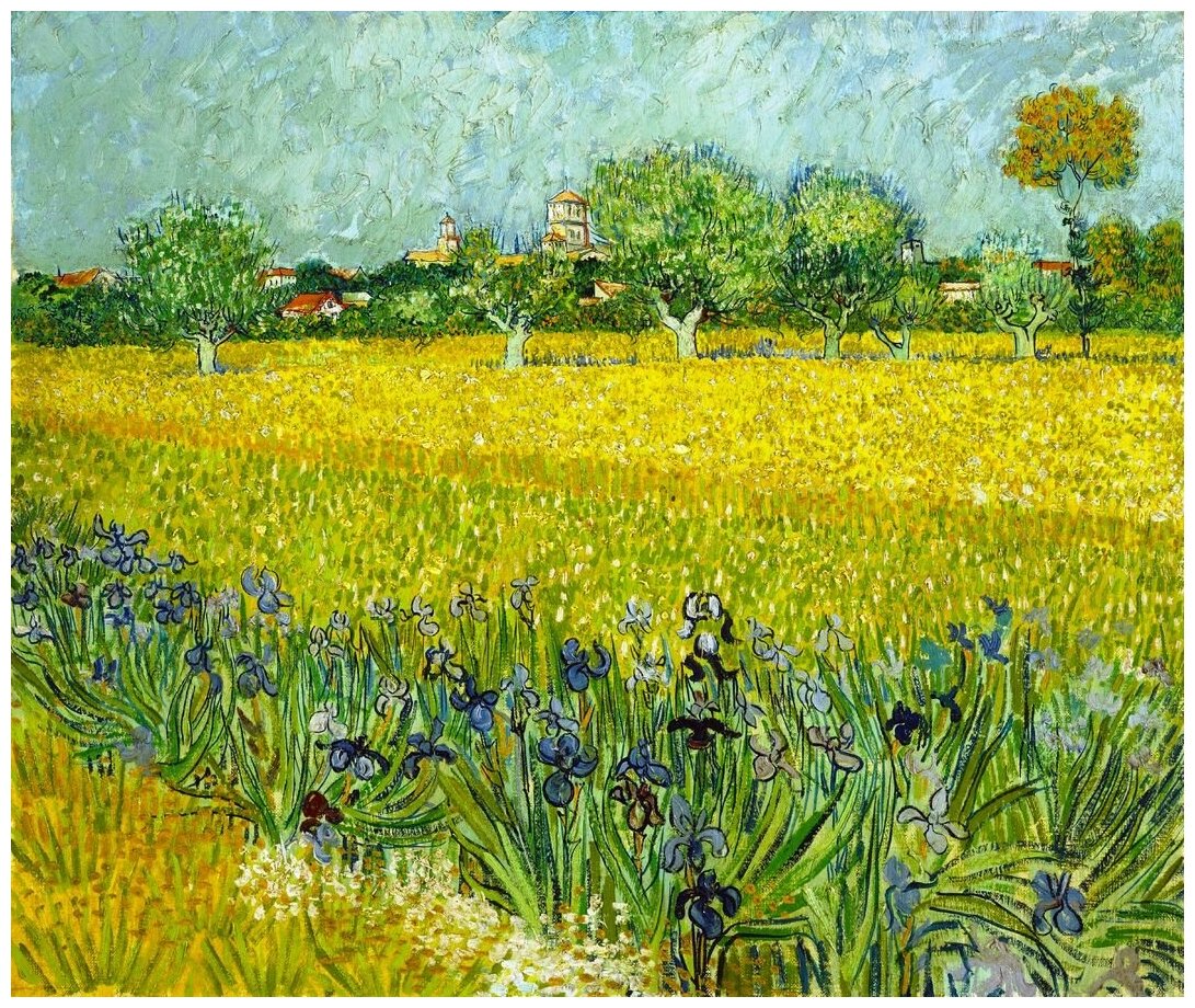 Фотообои Уютная стена "Вид Арля с Ирисами - Ван Гог" 320х270 см Виниловые Бесшовные (единым полотном)