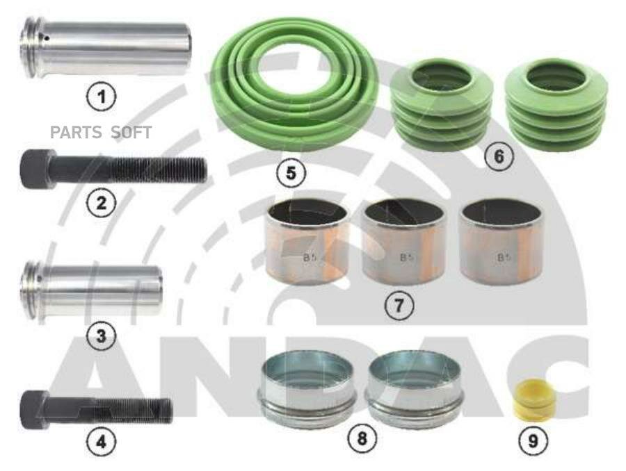 81030143 ANDAC Р/К суппорта [2 направляющие , 2 болта, 3 пыльника, 3 втулки, 3 резиновые заглушки ]