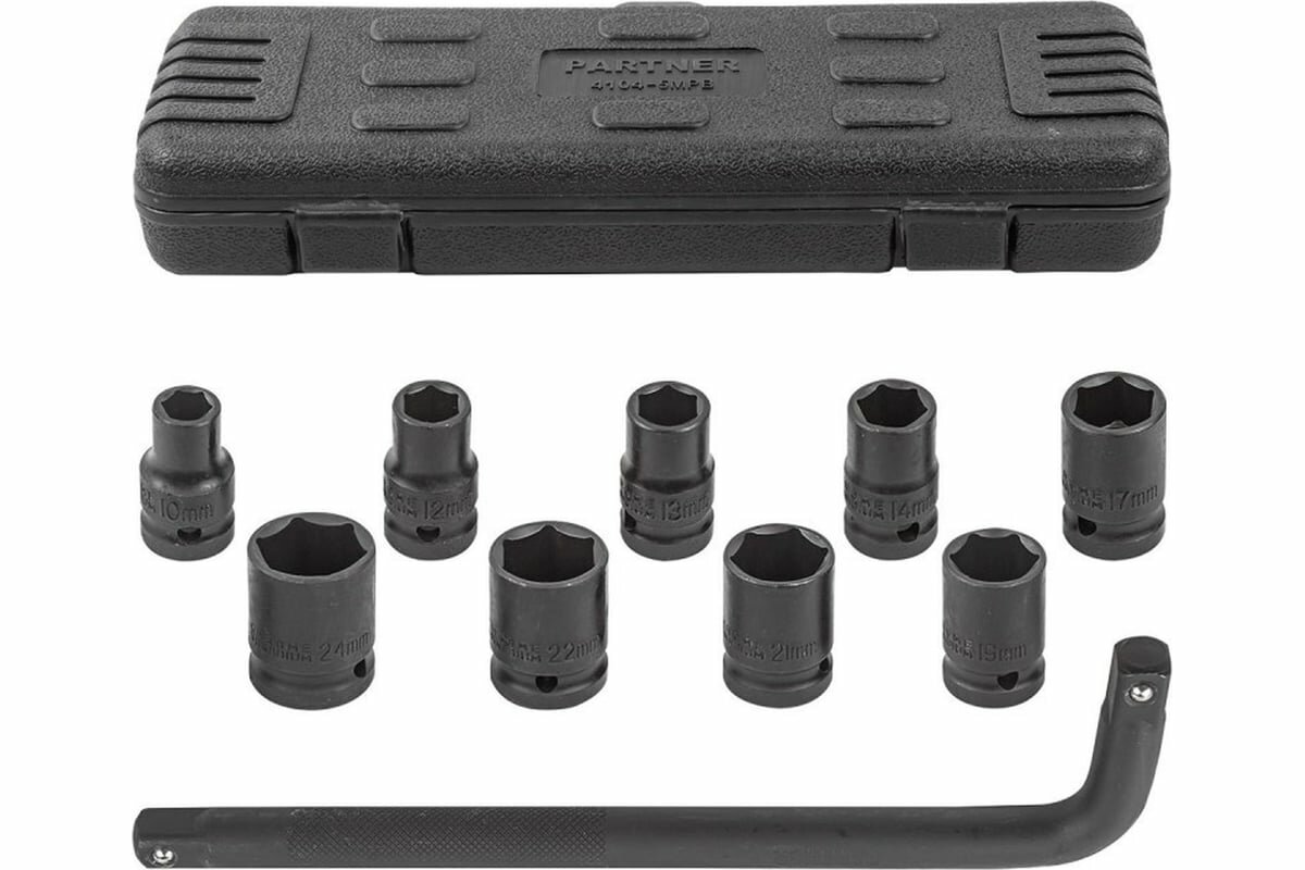 Partner набор ударных голов 1/2' 10-24 мм в кейсе 10 предметов вороток Г-образный PA-4104