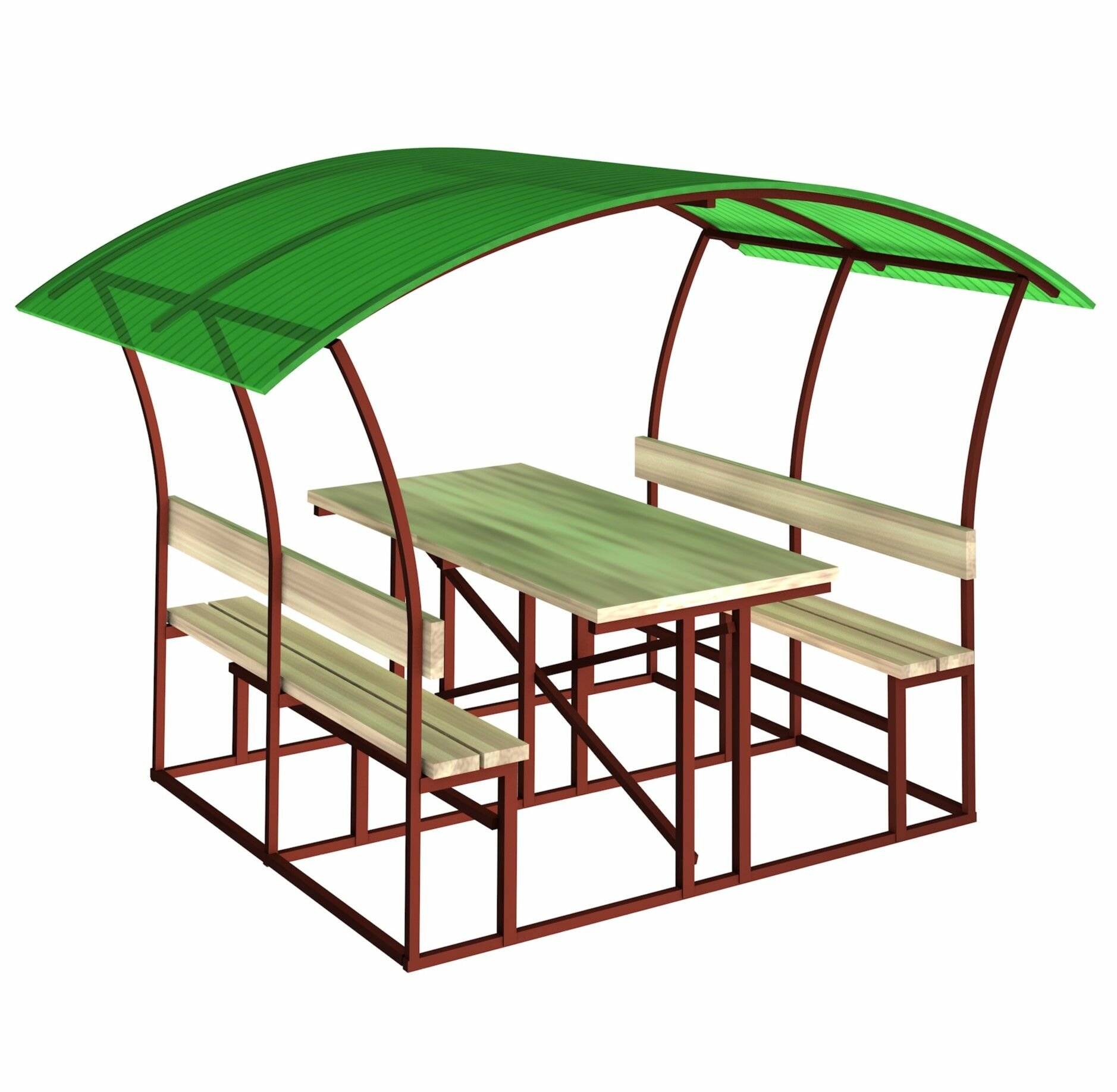 Беседка Летняя 2,7х1,8 м, металлическая с поликарбонатом зеленого цвета, коричневый каркас