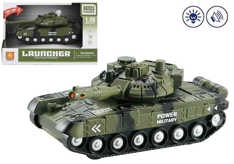 Танк 1:20 инерционный на батарейках (свет, звук) в коробке
