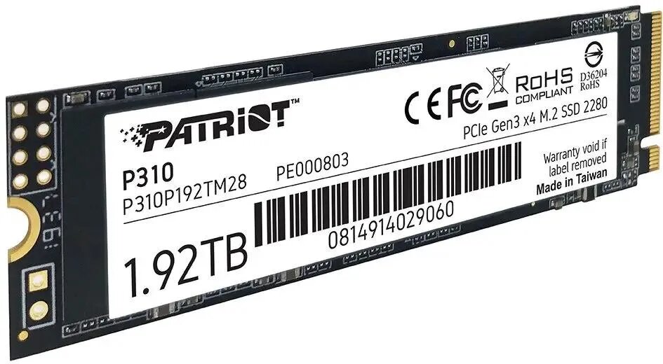 P310P192TM28 / SSD накопитель Patriot P310 P310P192TM28 1.92ТБ, M.2 2280, PCIe 3.0 x4, NVMe, M.2