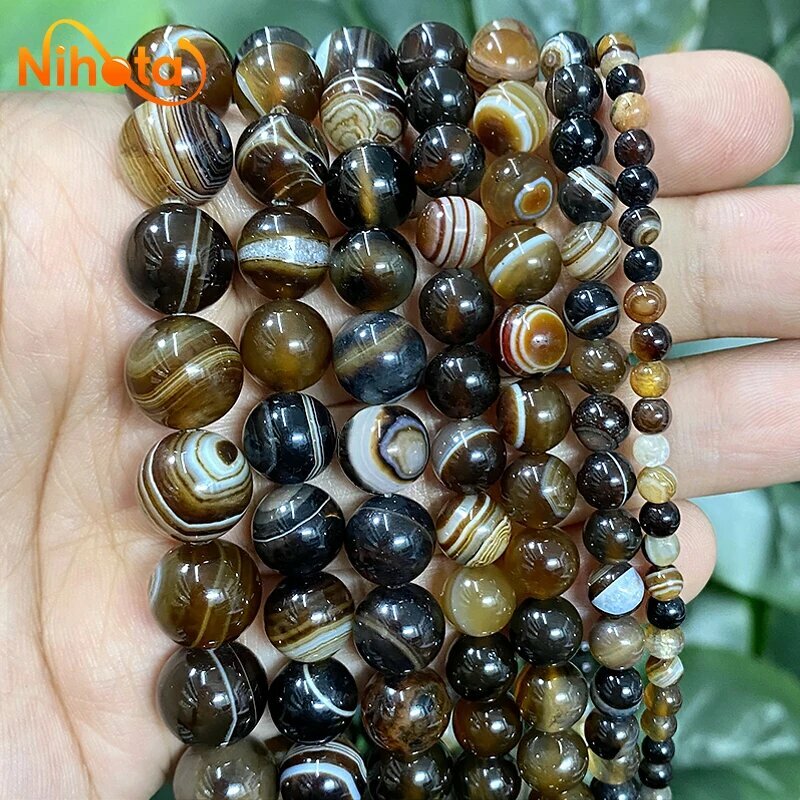 Бусины из агата Nihota, круглые, оранжевые, красные, синие, 14mm-about 26pcs, Brown Stripe Agate