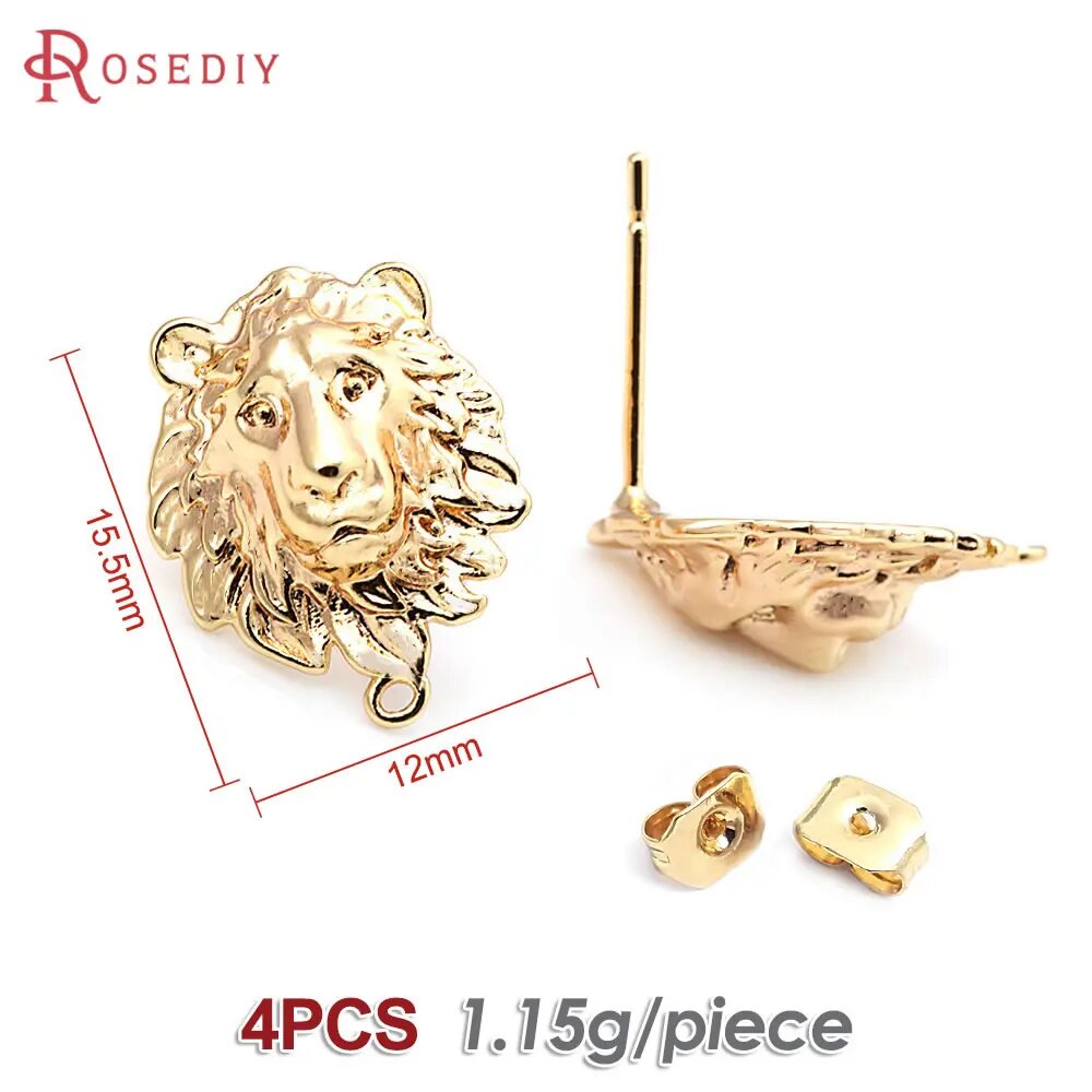 Латунные серьги-гвоздики с головой льва, 18-каратный золотой цвет, Rosediy 50012-18K Gold Color