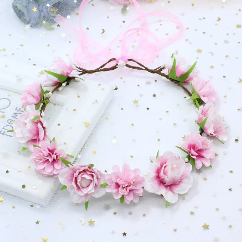 Розовый венок из цветов на голову, Style 1