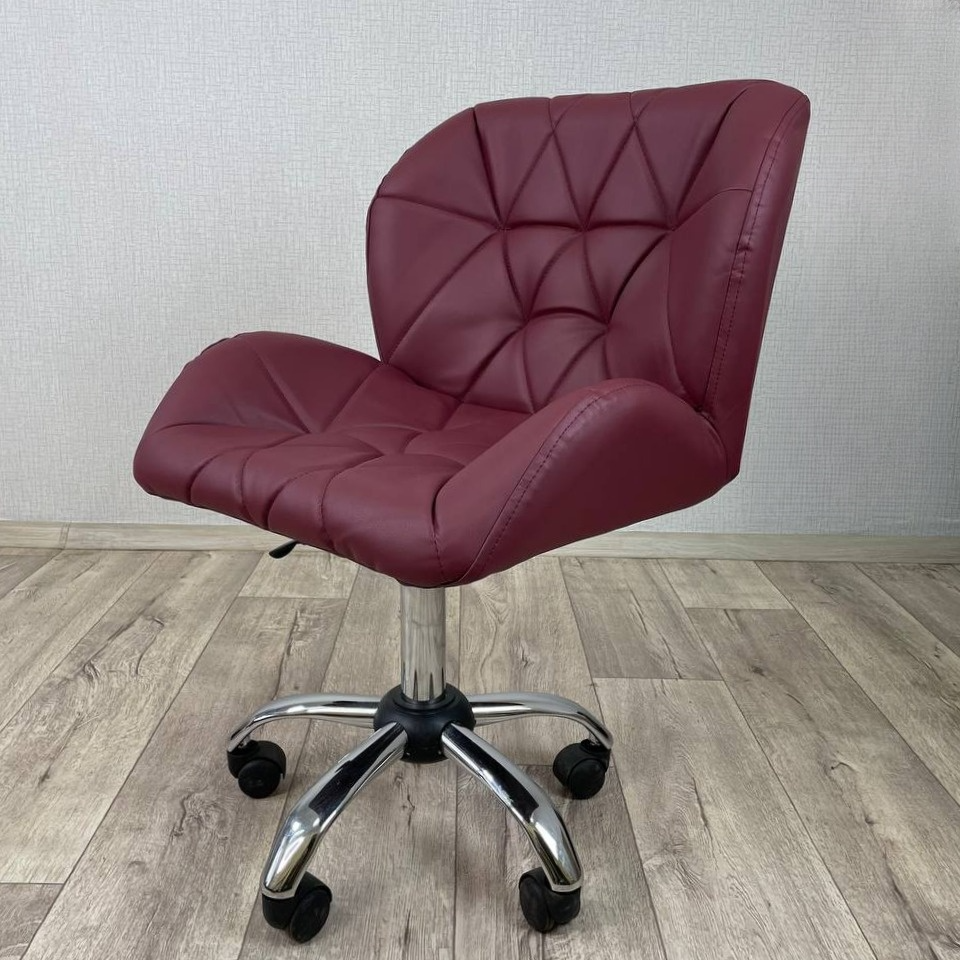 Стул мастера со спинкой, Ракушка, большой, FitBest, экокожа, хром, колеса, бордовый