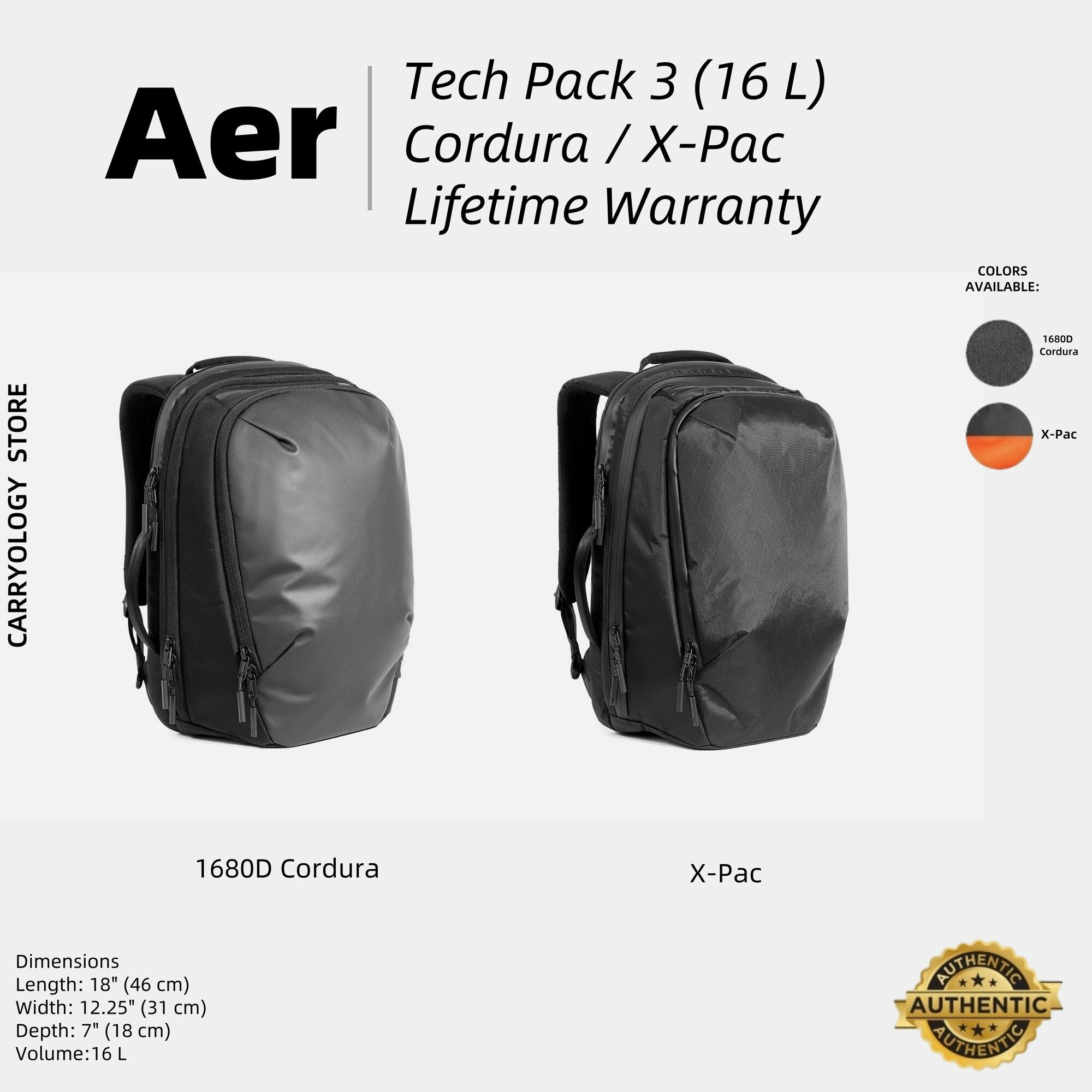 Рюкзак для техники Aer Tech Pack 3 (Cordura / X-Pac) 16 л, для ноутбука до 16", городской, минималистичный дизайн
