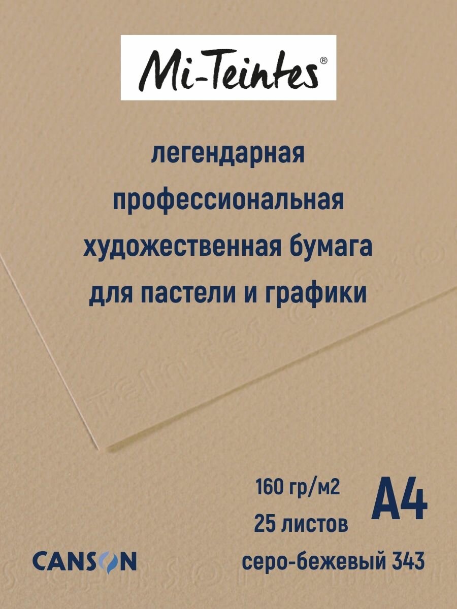 CANSON Mi-Teintes бумага для пастели 160 г/м2, 25 листов A4 21 х 29.7 см, №343 Серо-бежевый C31032S014