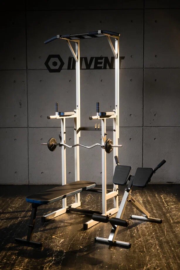 Турник напольный, брусья-пресс 4 в 1 со скамьей для жима+ штанга+ гиперэкстензия складная (комплект)