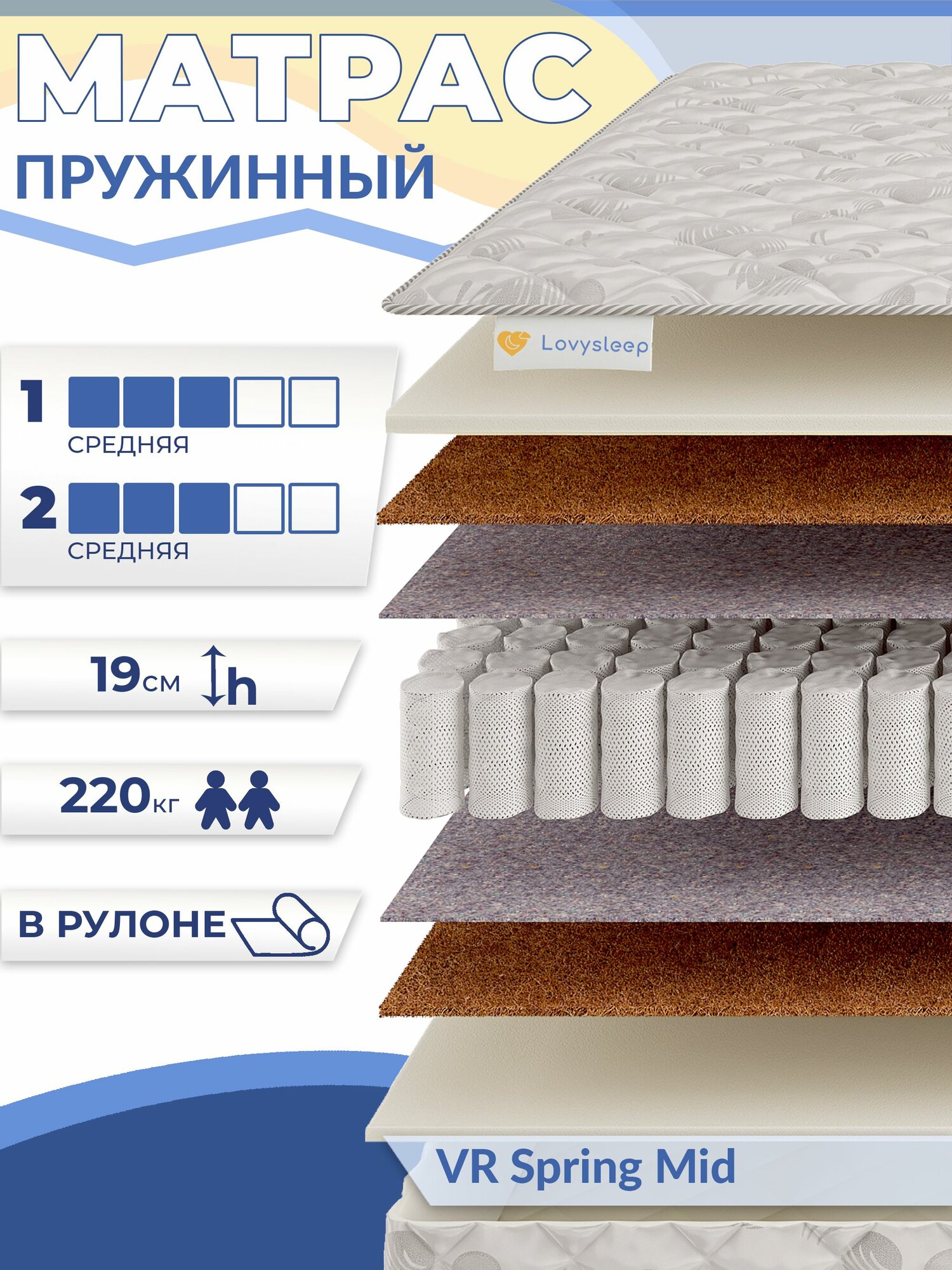 Матрас VR Spring Mid 95х190 см, пружинный, односпальный, двусторонний, средняя жесткость, в рулоне