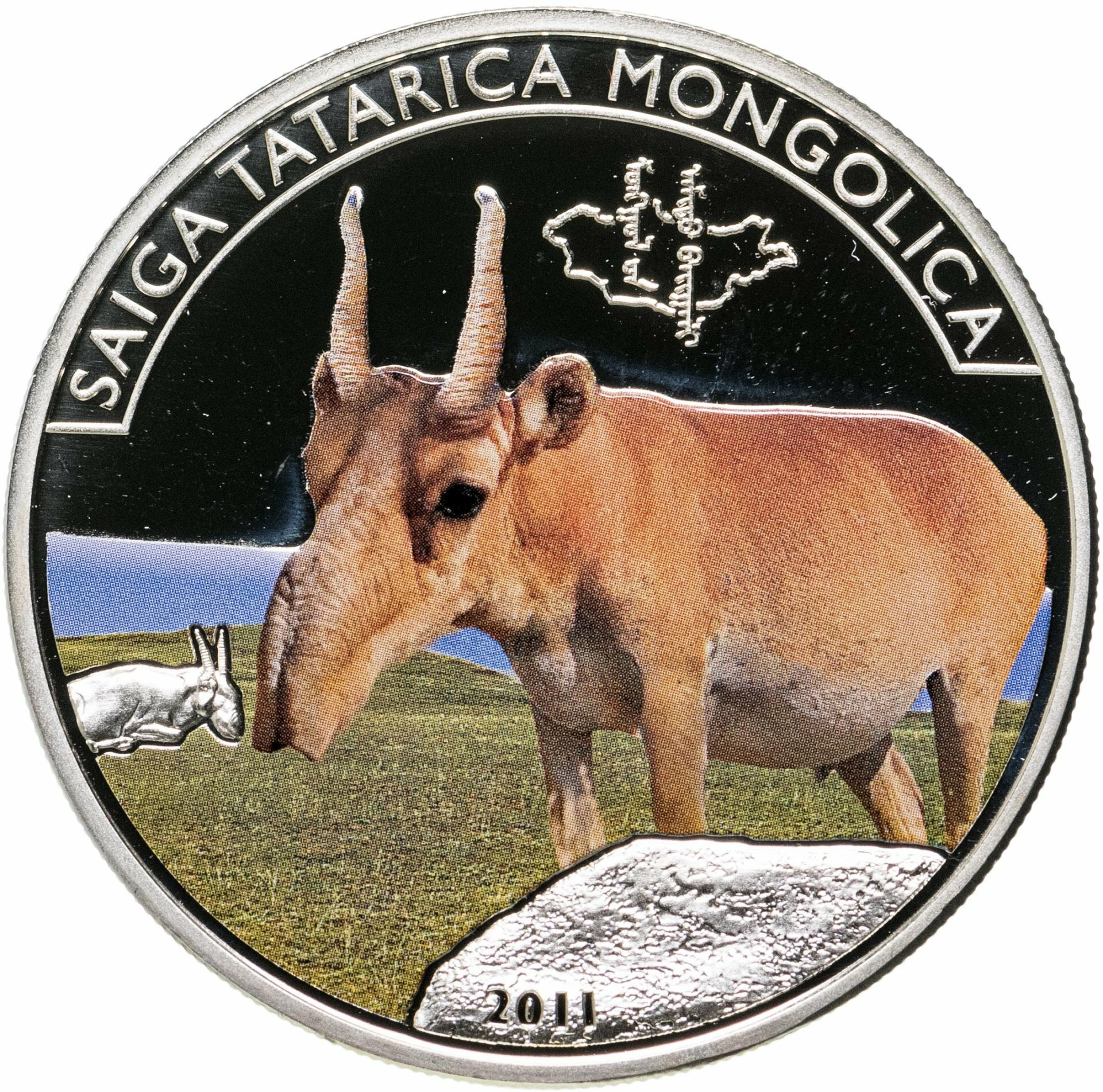 Монголия 500 тугриков 2011 "Сайгак", с сертификатом, Серебро 925, в сохранности Proof