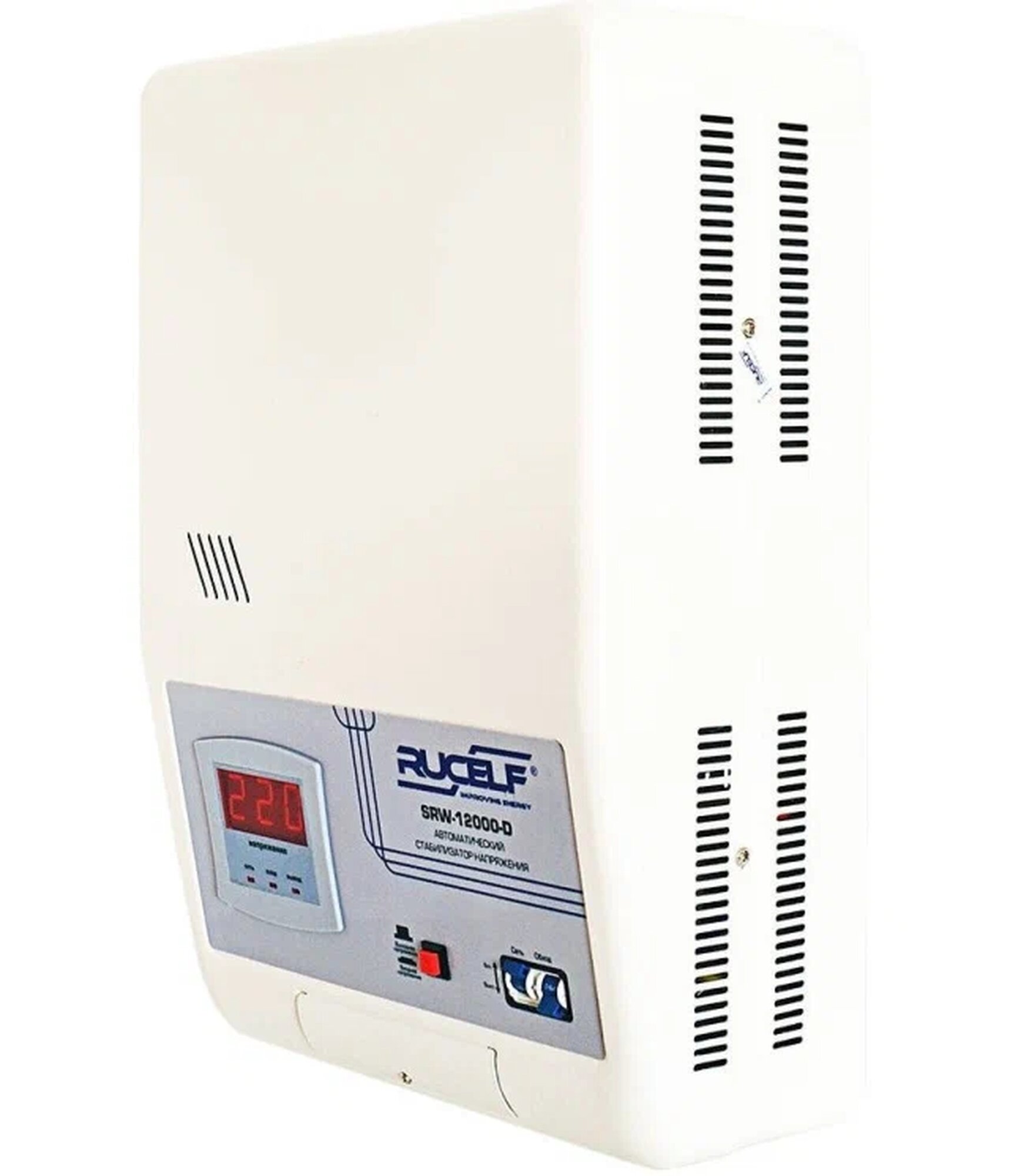 Стабилизатор напряжения Rucelf SRW-12000-D, белый, однофазный, настенный, ЖК-дисплей