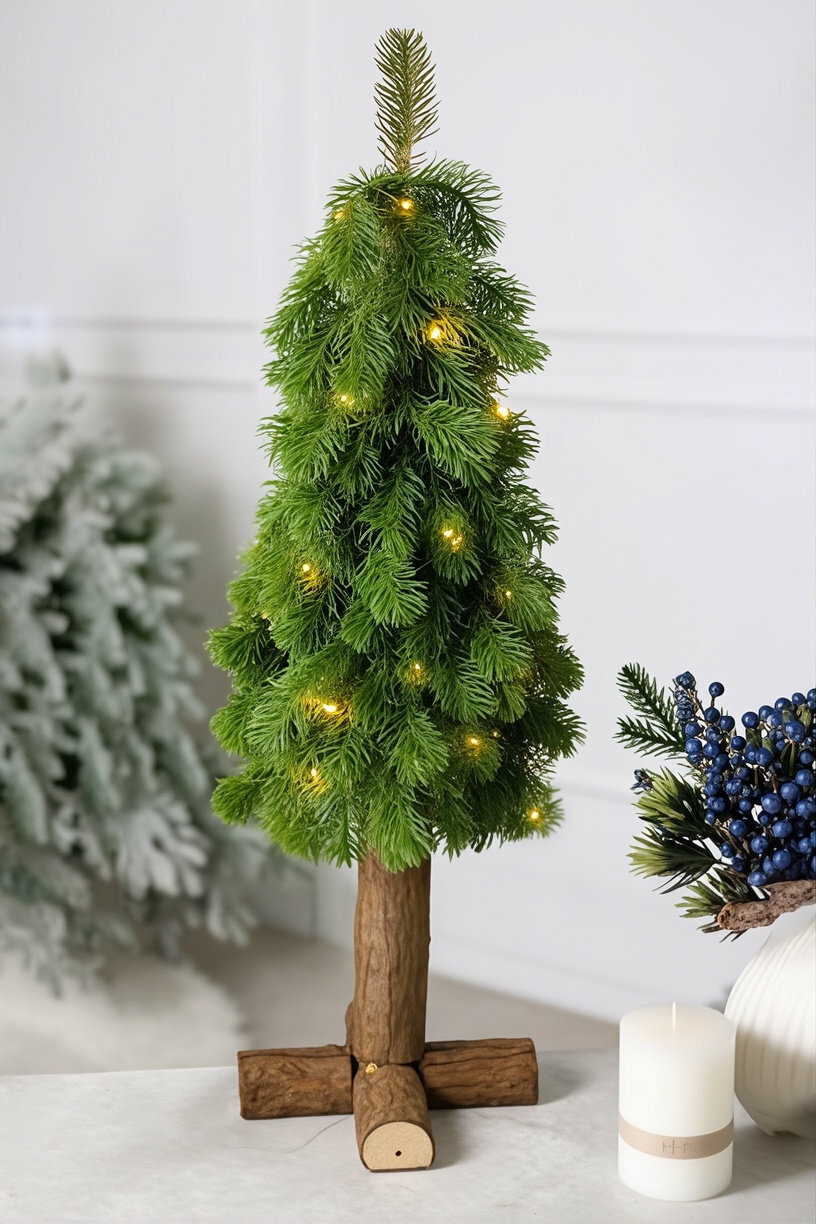 Настольная елка с гирляндой дриада 70 см, 40 теплых белых LED ламп, с деревянной подставкой, на батарейках, литая 100%, Winter Deco 1000903