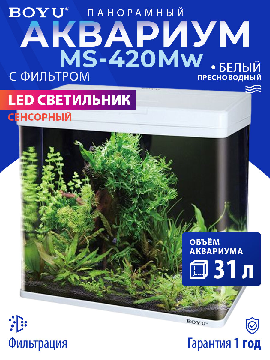 Аквариум для рыбок Boyu MS-420M 31 л с сенсорным LED светильником и фильтром, белый