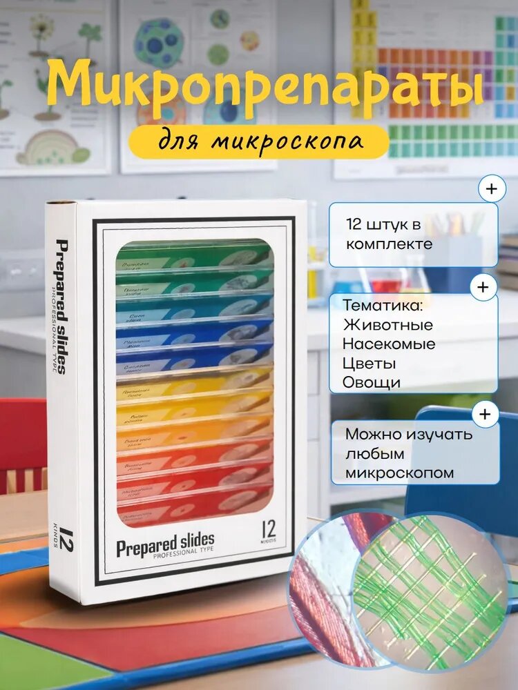 Обучающий набор препаратов для микроскопа (12 образцов на пластике) Научная лаборатория дома Подарок школьнику / подростку