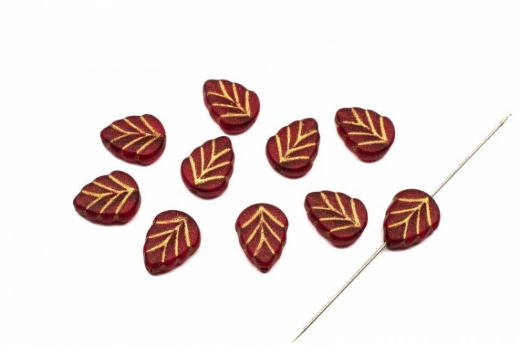 Бусина Листочек 10х8х3мм, цвет 90080/84100/54302 красный с золотом, прозрачная, 735-191, 10шт
