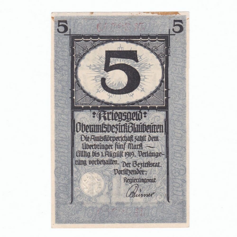 Германия (Веймарская Республика) Блаубойрен 5 марок 1919 г.