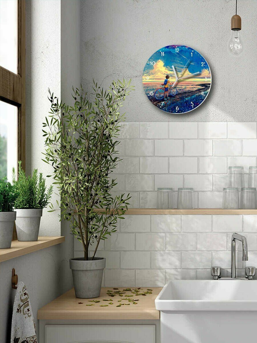 Настенные часы УФ с рисунком фэнтези пейзаж велосипед поле - 3153