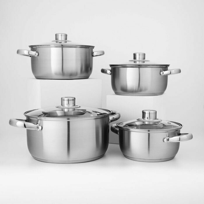 Набор кастрюль из нержавеющей стали Доляна Гретте , 4 предмета: 1,5 л, 2 л, 3 л, 4 л, d 16/18/20/22 см, крышки