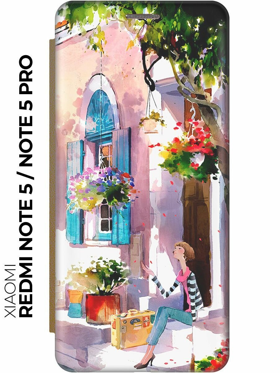 Чехол-книжка Девочка на цветущей улочке на Xiaomi Redmi Note 5 / Note 5 Pro / Сяоми Редми Ноут 5 / Ноут 5 Про золотой