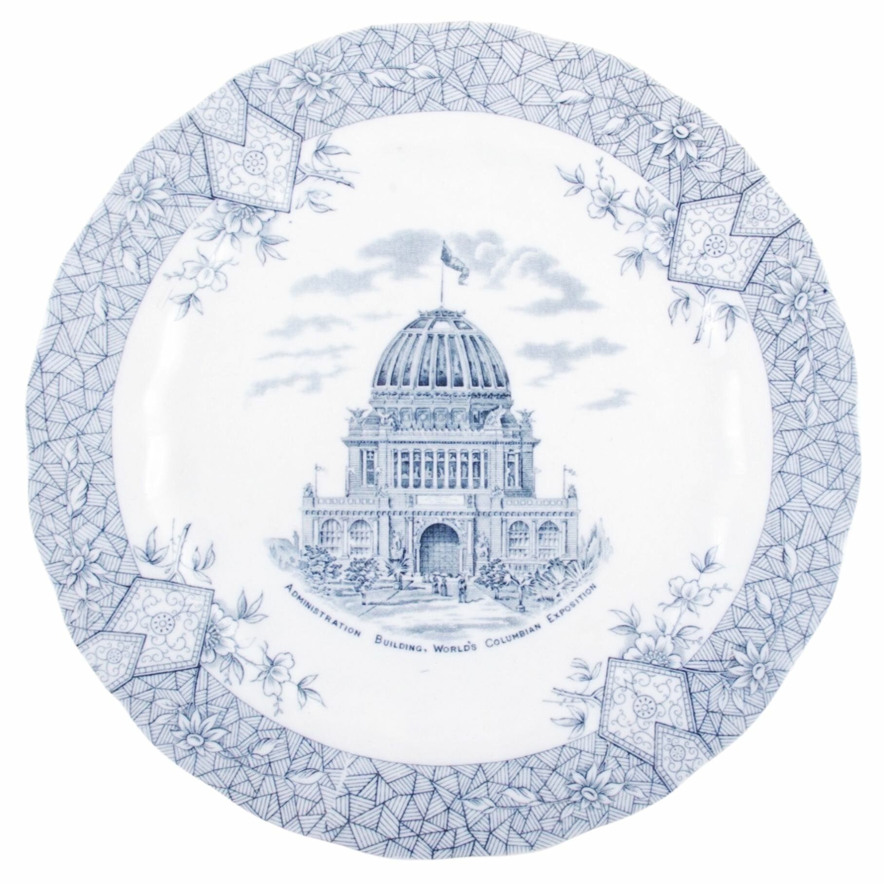 Антиквариат. Салатная тарелка "Административное здание. Всемирная Колумбийская выставка 1893 года". Фарфор, деколь. Wedgwood, Англия, 1983 год.