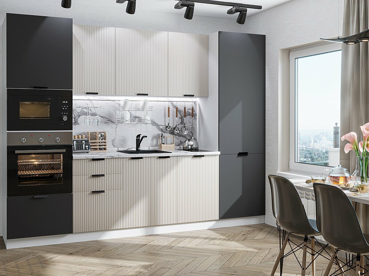 Кухня Евро Лайн-01, цвет фасада Агат/Антрацит, цвет каркаса Белый, 2140*2800*600 мм