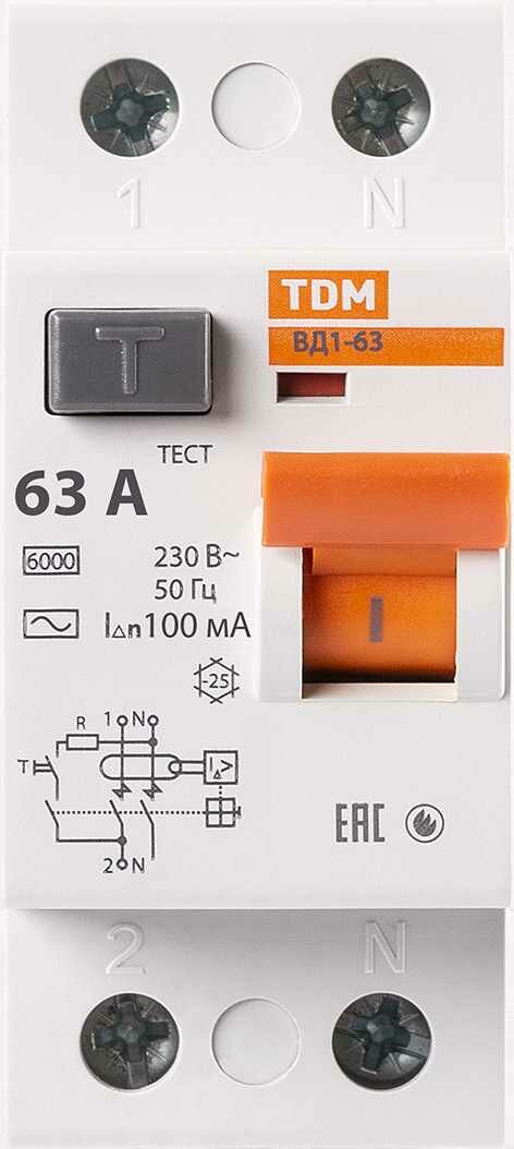 УЗО Tdm Electric ВД1-63 2P 63 A 100 мА 4.5 кА AC SQ0203-0017