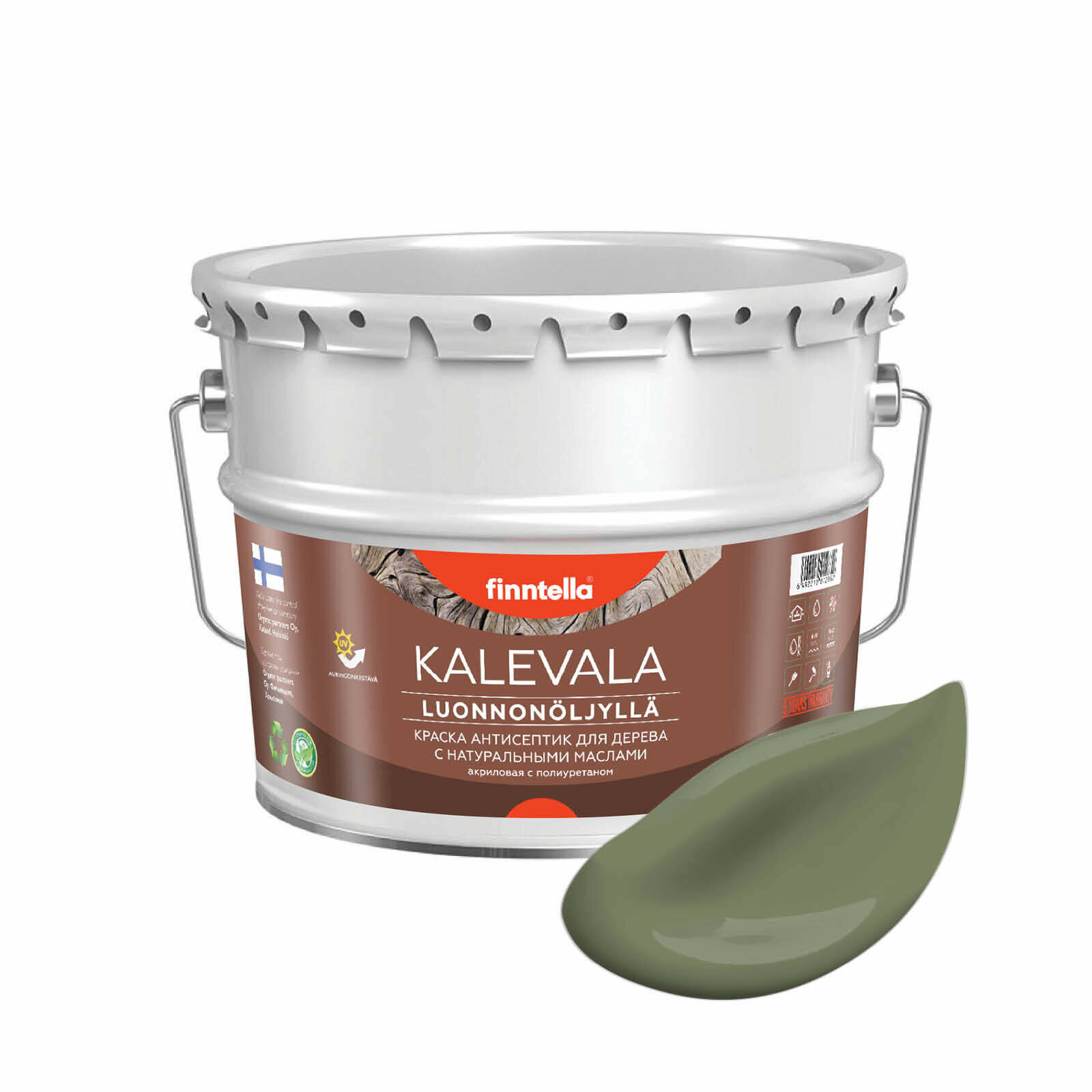 Краска для дерева и деревянных фасадов FINNTELLA KALEVALA, с натуральным маслом и полиуретаном, цвет OLIIVI (Тёмно-зелёный) , 9л