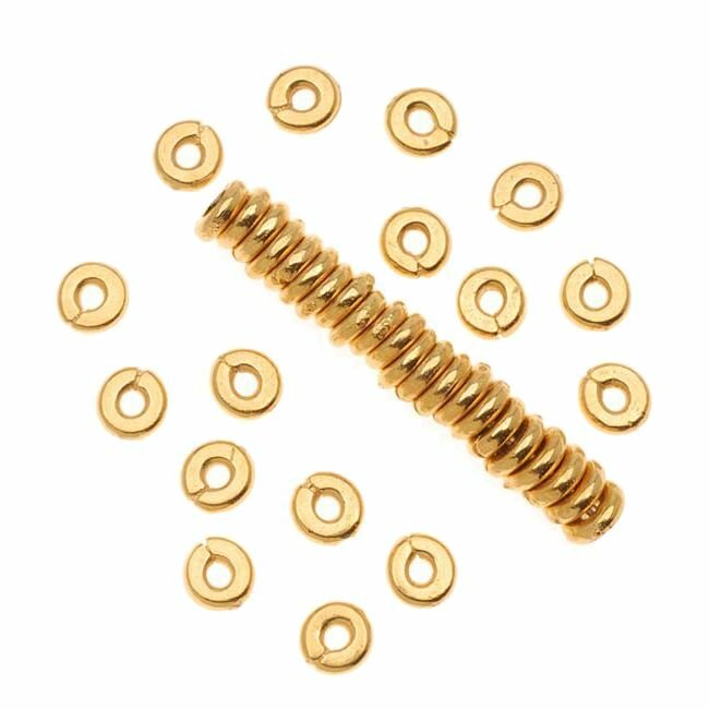 Бусина металлическая, 4х1мм, TierraCast, рондель Heishi кенийская, базовый материал - оловянный сплав, позолоченная, 10 шт.