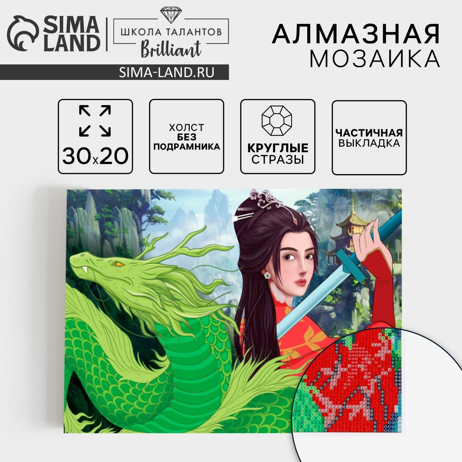 Алмазная мозаика с частичным заполнением на холсте «Девушка с драконом», 20×30 см