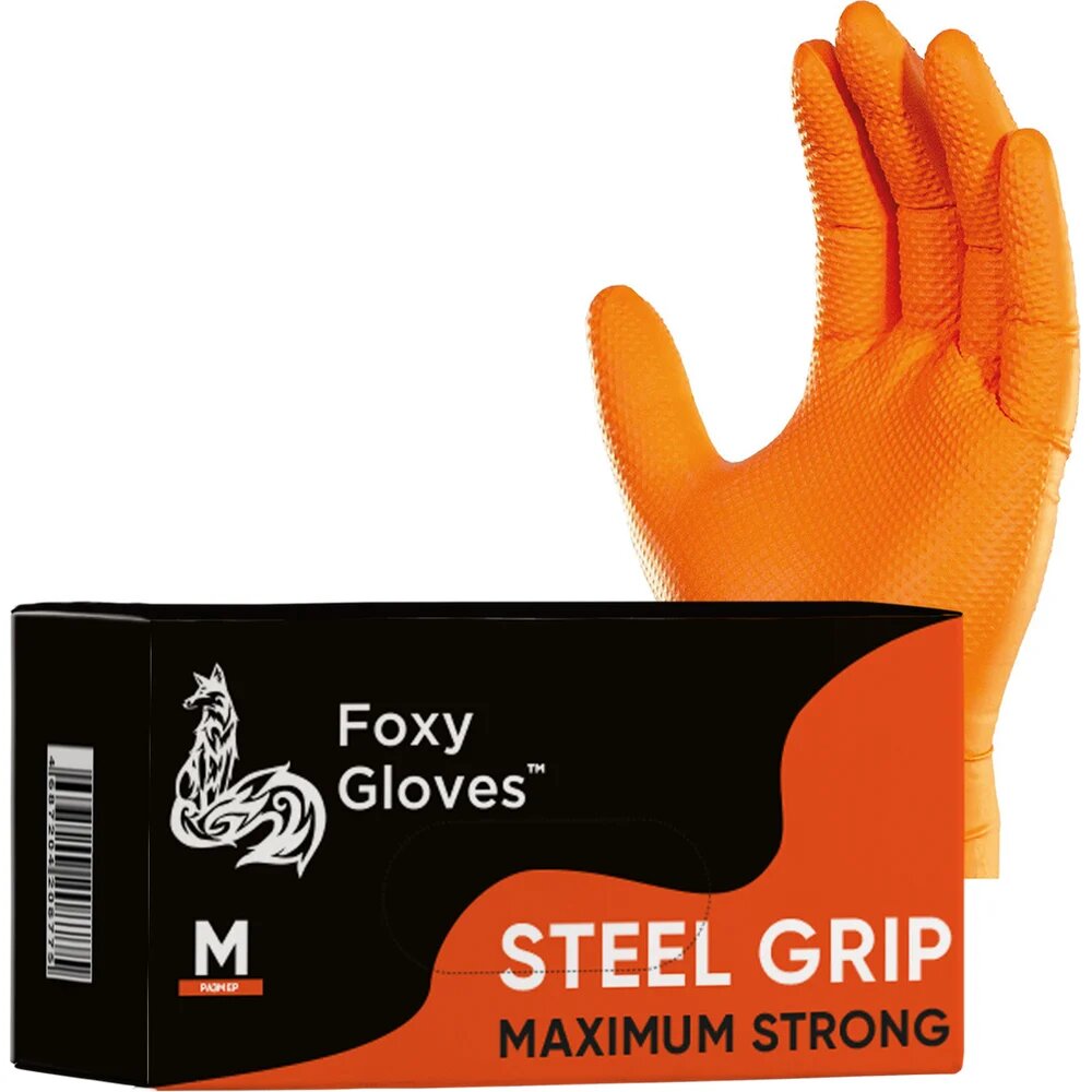 Перчатки нитриловые Foxy STEEL GRIP с полной ромбовидной текстурой, размер М, цвет оранжевый, 50 пар