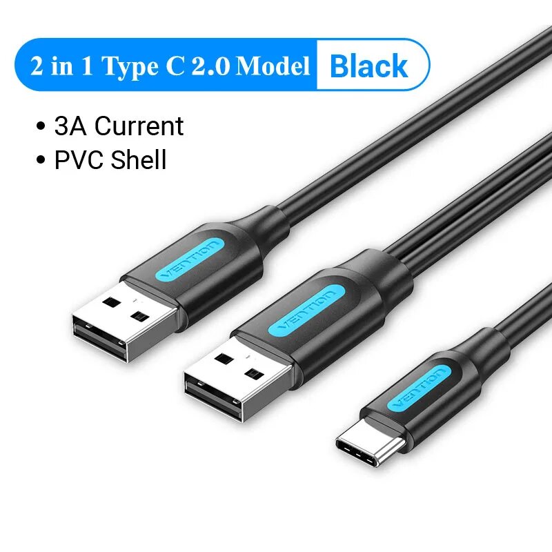 Кабель Vention USB-C 2.0 Black, 0.5м, 3A