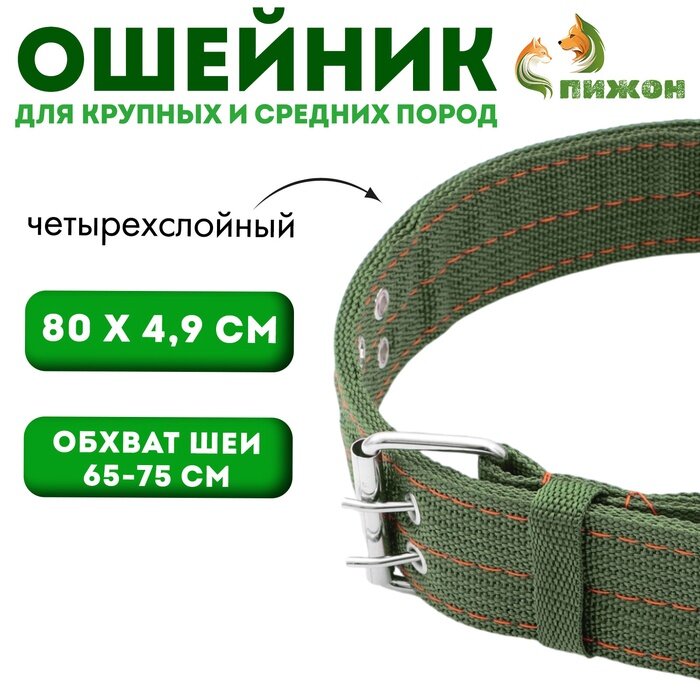 Ошейник четырехслойный, 80×4.9 см, ОШ 65-75 см, полиэстер, зелёный