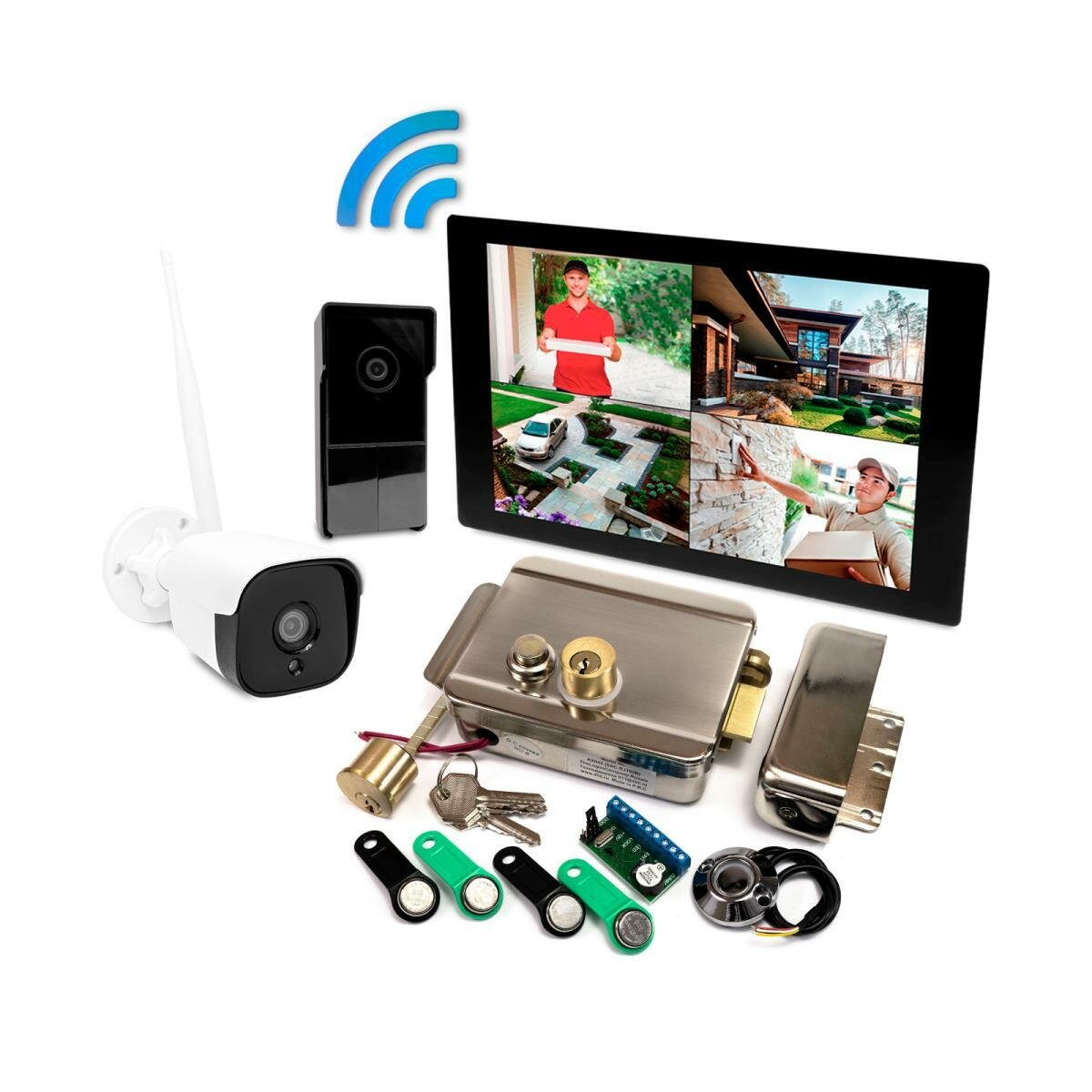 Радиоканальный видеодомофон с замком и видеокамерой - Sky Net 1000 (1+1+Zenit) (Q24014SKY): HD Wi-Fi монитор 10 дюймов, вызывная панель, электромеха