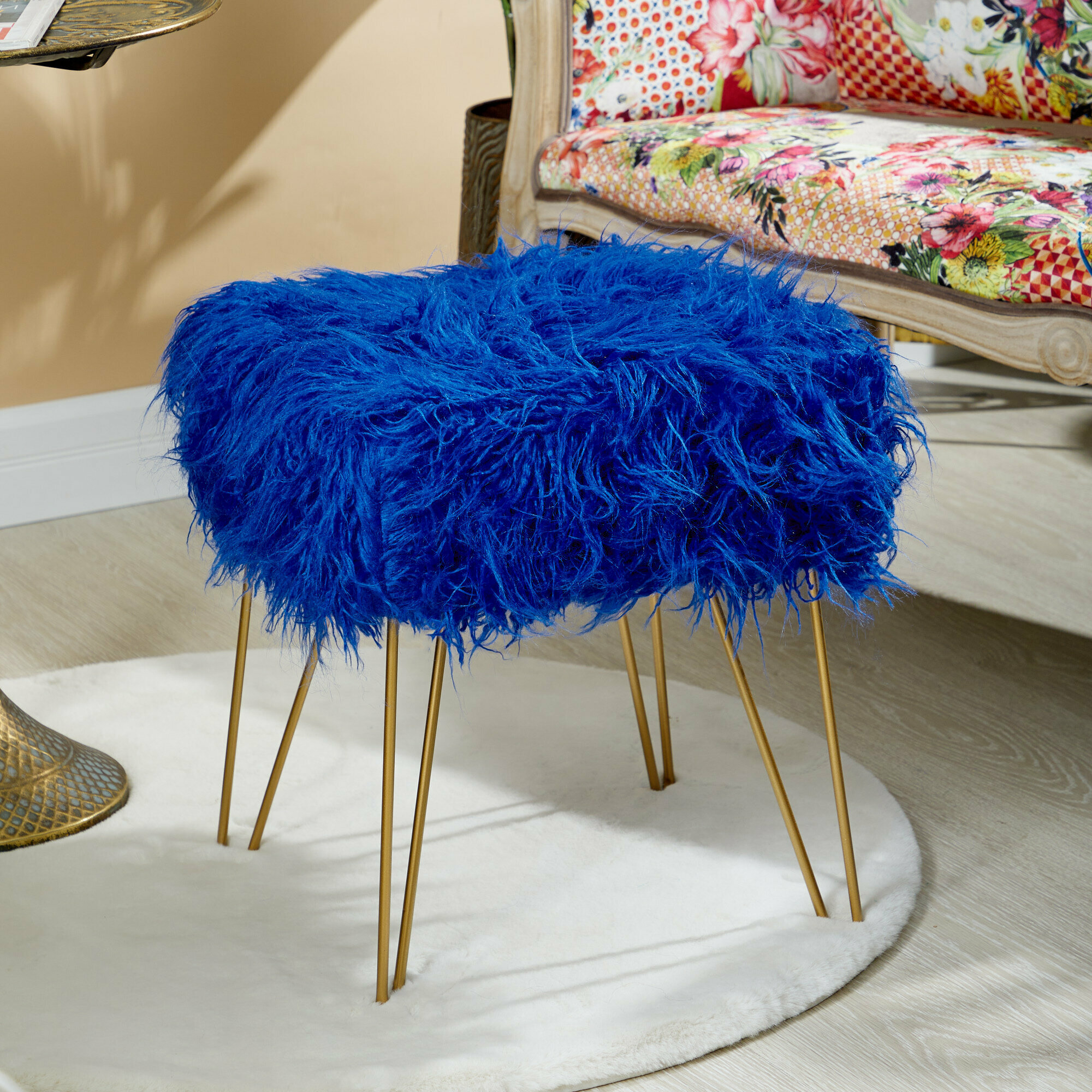 49-313 Пуф с меховым ворсом 41х41х46см, МДФ, мех, поролон, металл, Glasar