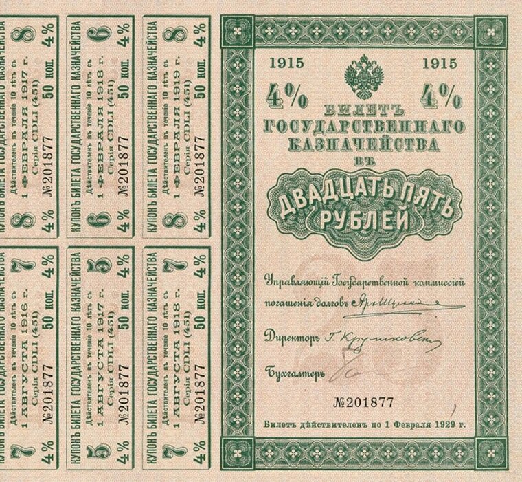 Казначейский Билет 25 рублей 1915 года с купонами сувенирная копия, банкноты и купюры редкие коллекционные