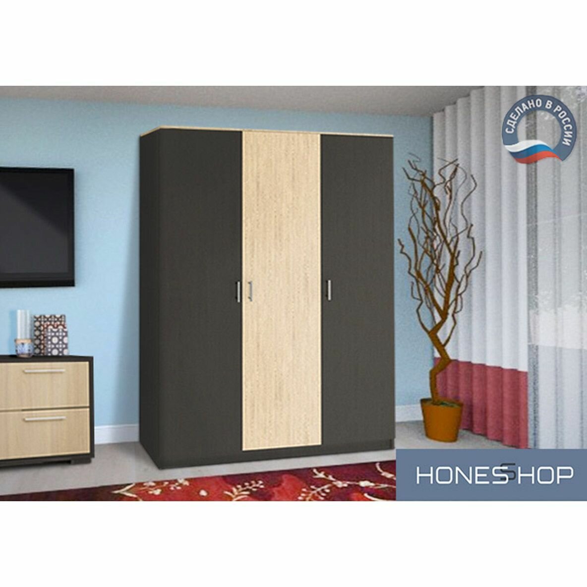 Шкаф распашной Рикардо 3 ЛДСП корпус венге цава, фасад венге цава-дуб молочный, 110х40х200