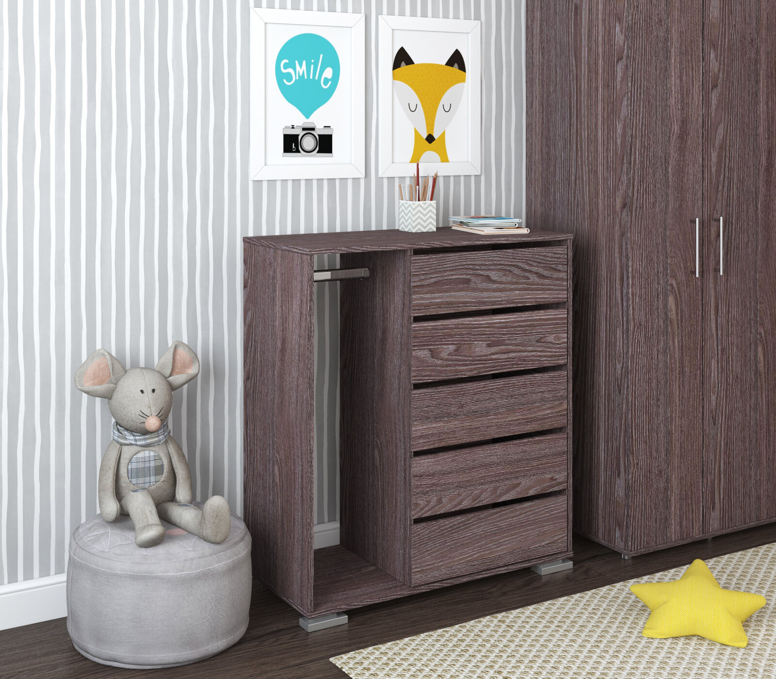 Шкаф, комод, шкаф-комод с ящиками, со штангой Есэндвич Лаворо, 90x43х102 см, правый (Анкор тёмный)