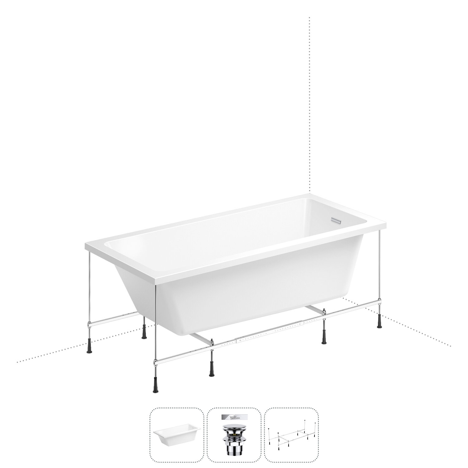 Акриловая ванна 150х80 с каркасом Wellsee FreeDom 2.0 20212769R в наборе 3 в 1: ванна акриловая 150 х 80 см в цвете белый глянец, слив-перелив хром, каркас