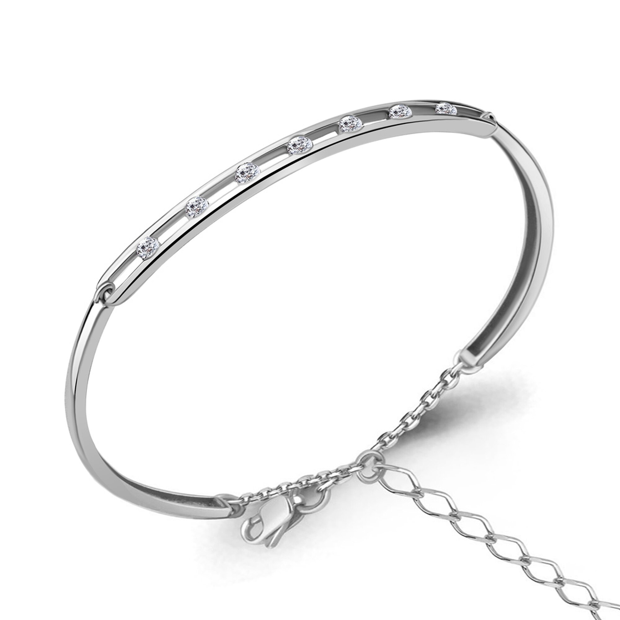 Жесткий браслет, серебро, 925 проба, родирование, фианит