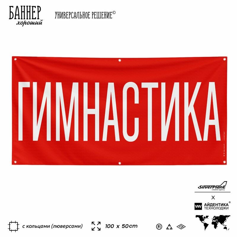 Рекламная вывеска баннер Гимнастика, 100х50 см, с люверсами, для спортивных секций и мероприятий, красный, SIlverPlane x Айдентика Технолоджи