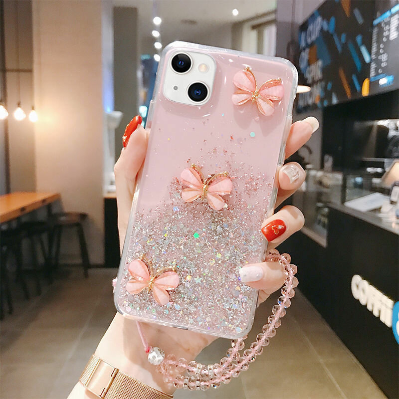Чехол Promax Creative Glitter Epoxy Butterfly, для iPhone 15, эпоксидная смола, розовый